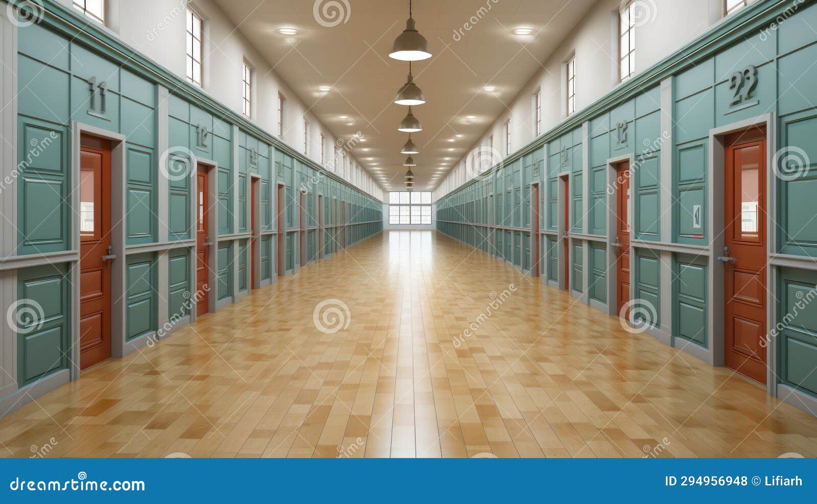 A Hallway In A University Building With Lockers And Poste Created With ...