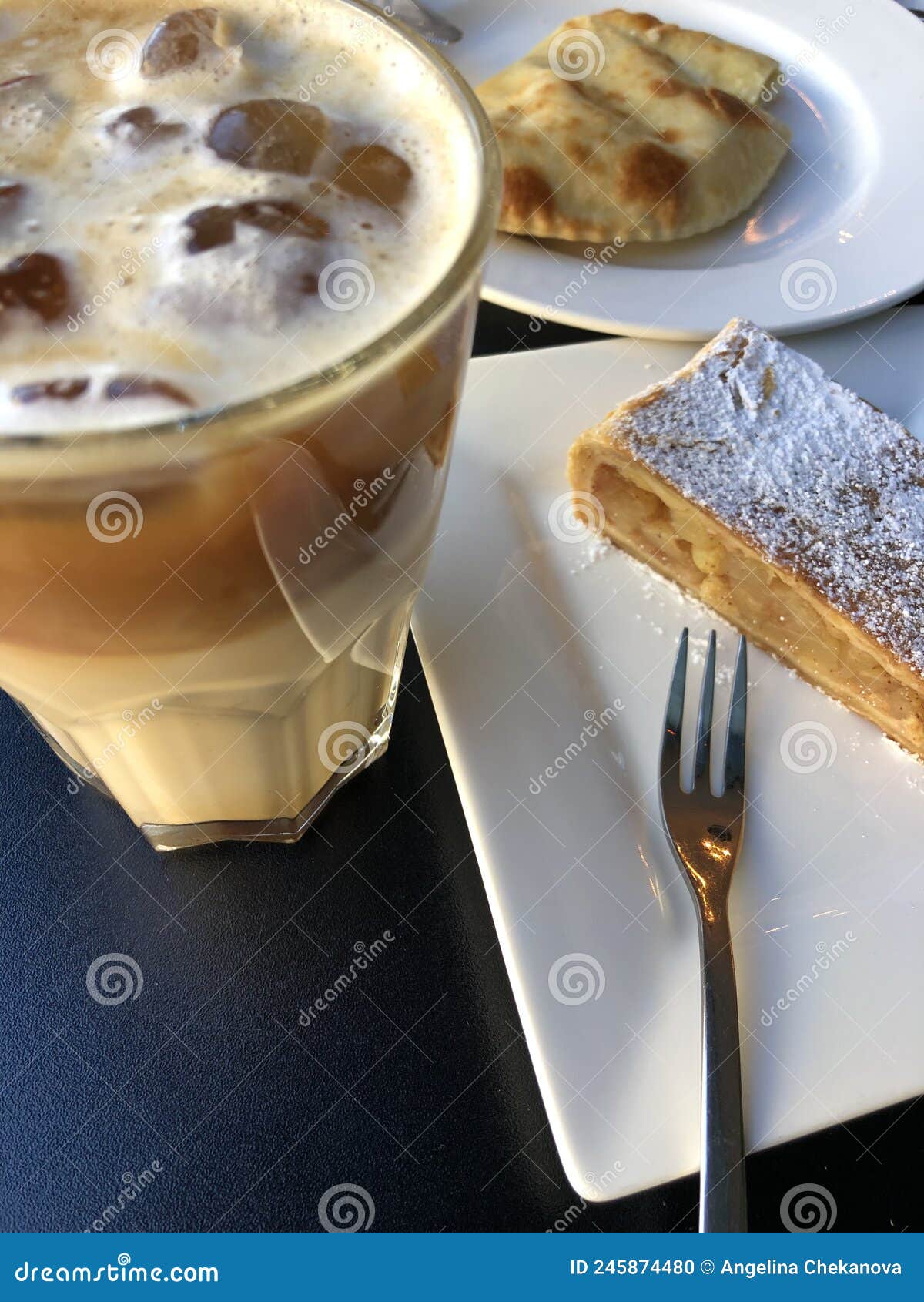 Strudel with Apple and Cinnamon and Iced Coffee Stock Photo - Image of ...