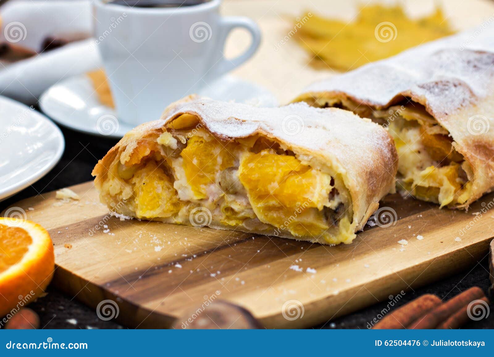 Strudel with Custard and Orange. Stock Photo - Image of fork, maple ...