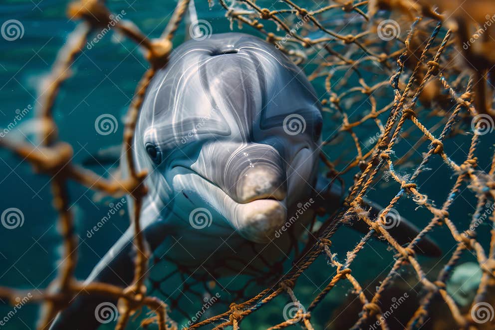 Struggle for Survival, Sweet Dolphin Caught in Net Stock Illustration ...