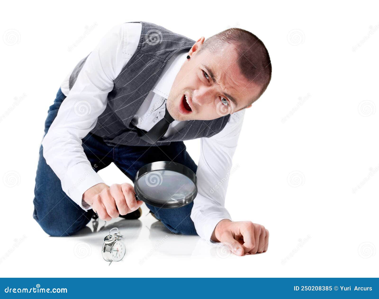 Struggling To Keep Track of Time. a Puzzled Young Man Looking at a Tiny ...