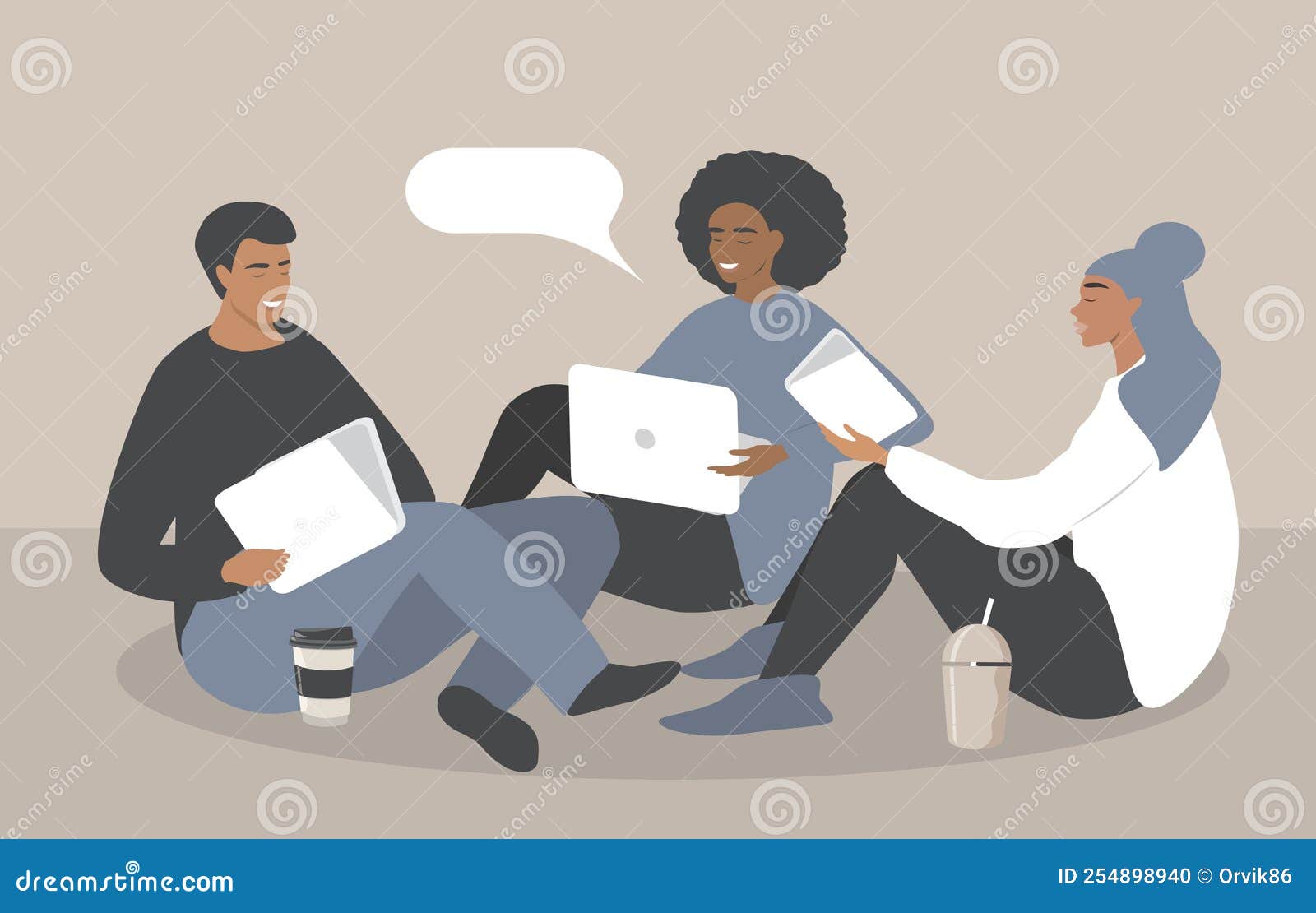 Illustration in Flat Style. Young Students Communicate and Discuss ...