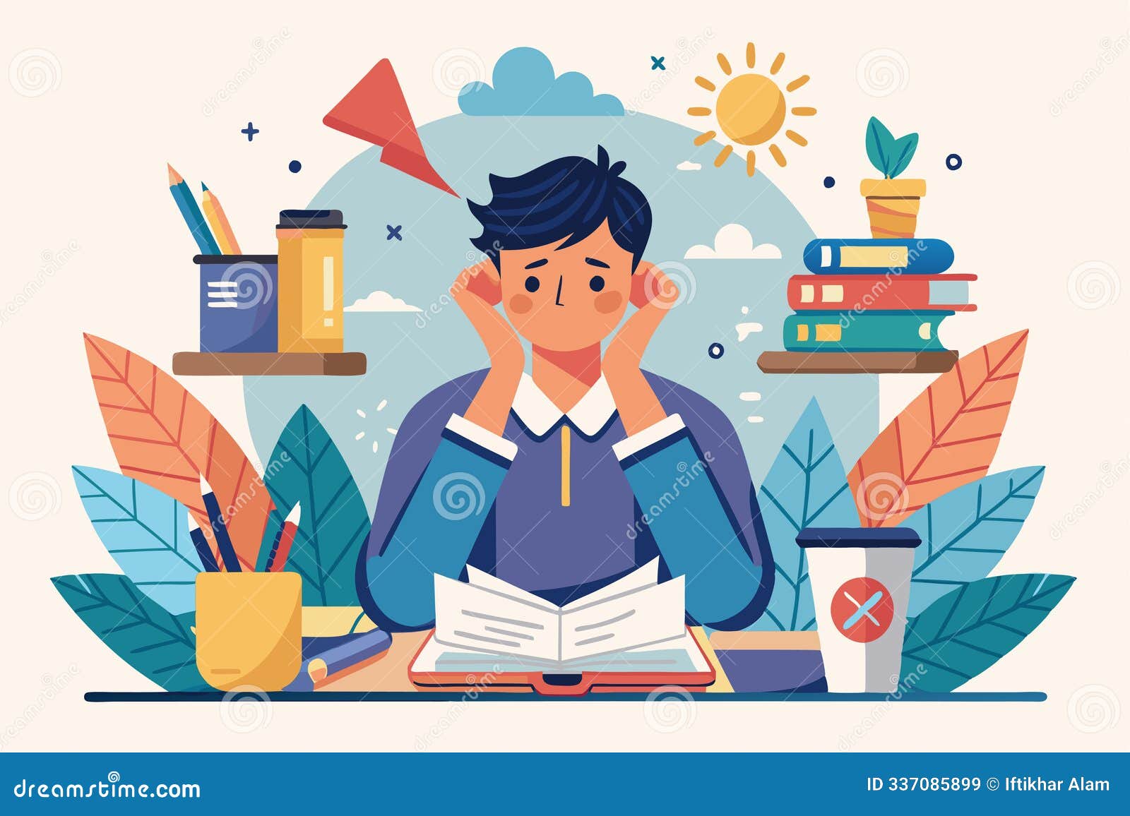 A Student Appears Stressed while Studying at a Cluttered Desk with ...