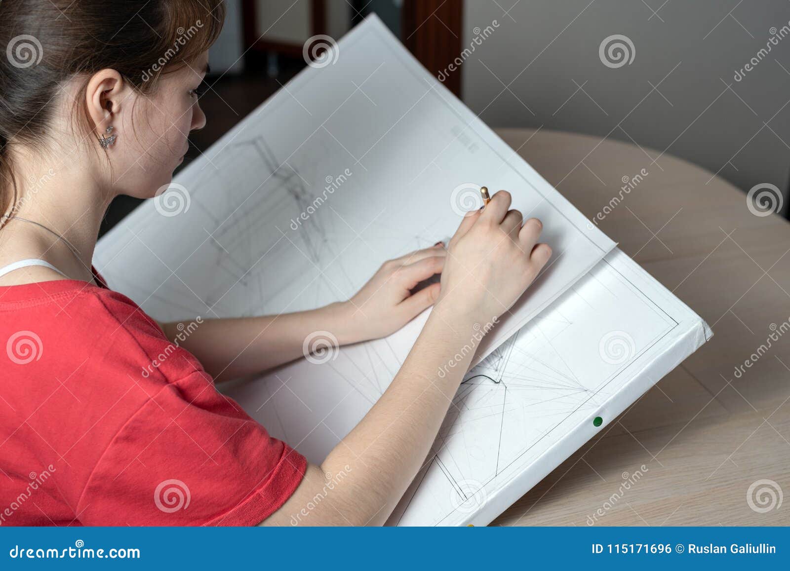 Student Architect Prepares a Draft Work, Draws a Pencil on a White ...