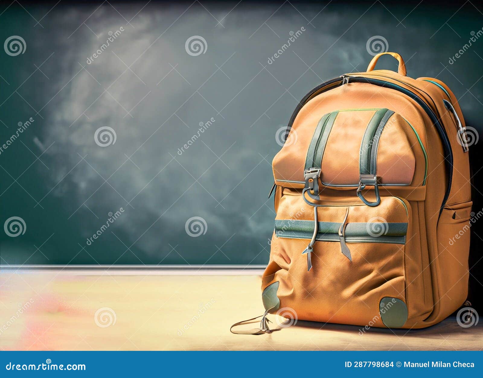 Student Backpack in a School Classroom with Blackboard in the ...