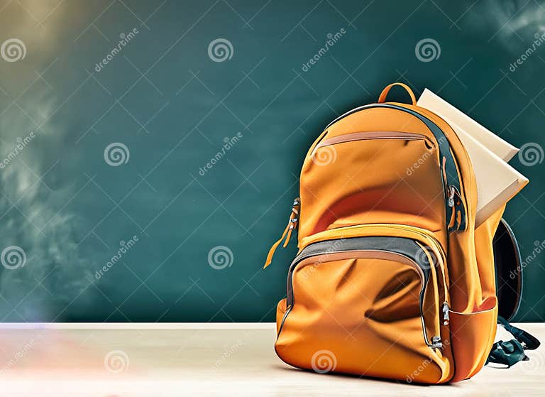 Student Backpack in a School Classroom with Blackboard in the ...