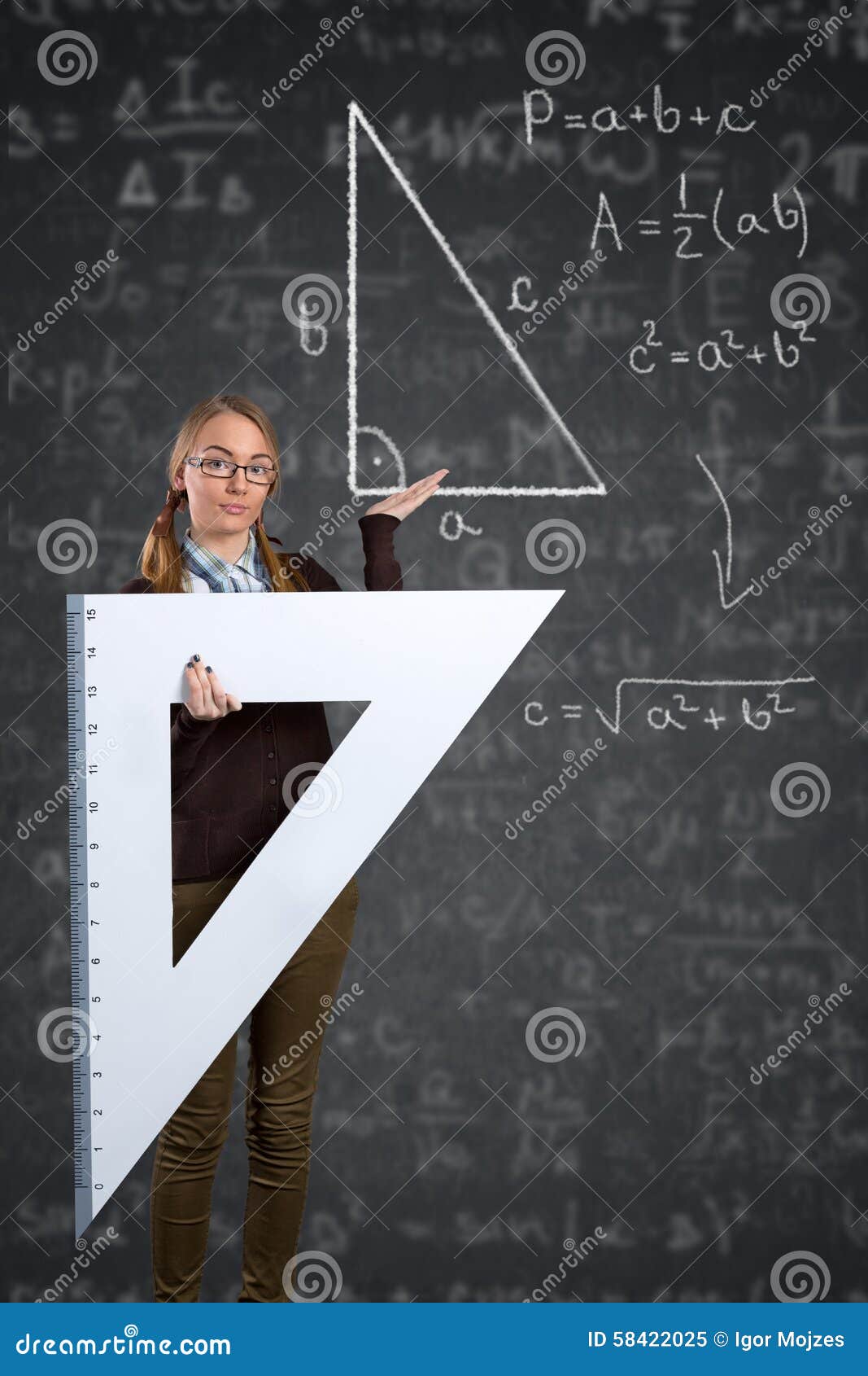 Student With A Big Ruler And Pythagorean Theorem On Blackboard Stock ...