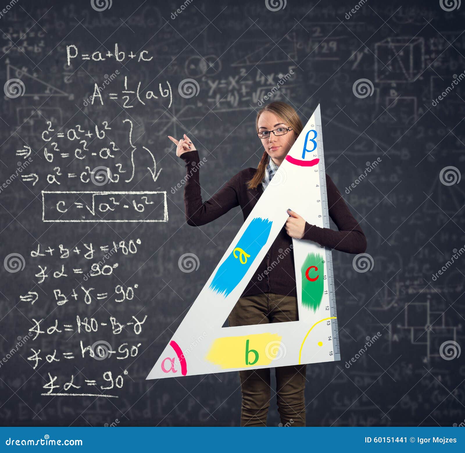 Student with a Big Ruler and Pythagorean Theorem on Blackboard Stock ...