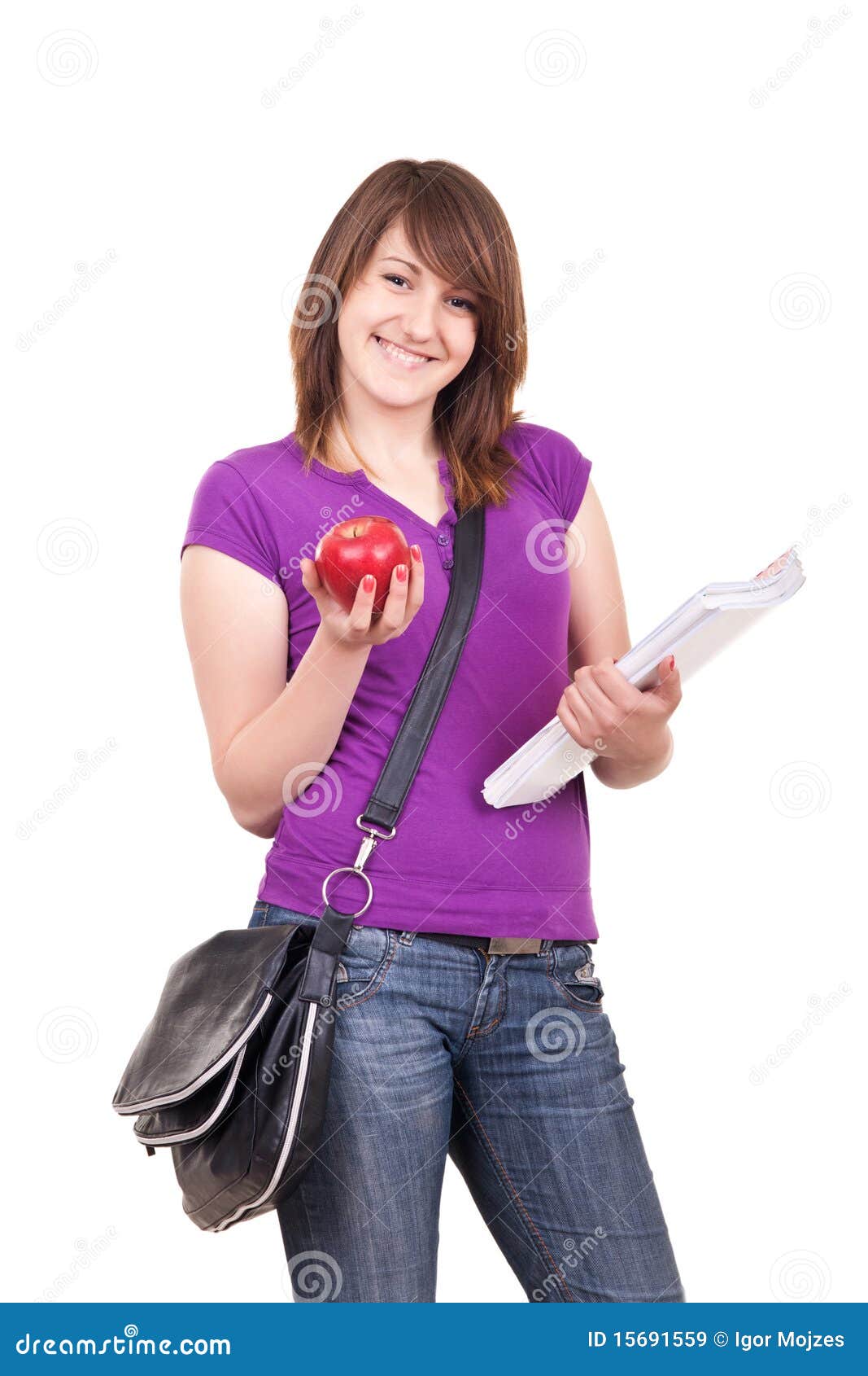 Student with Books, Bag and Apple Stock Image - Image of beauty, apple ...