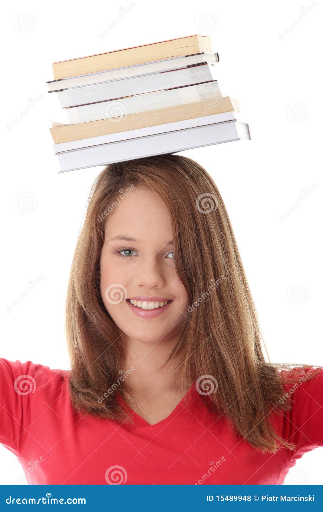 Student with Books on Her Head Stock Photo - Image of learning, casual ...