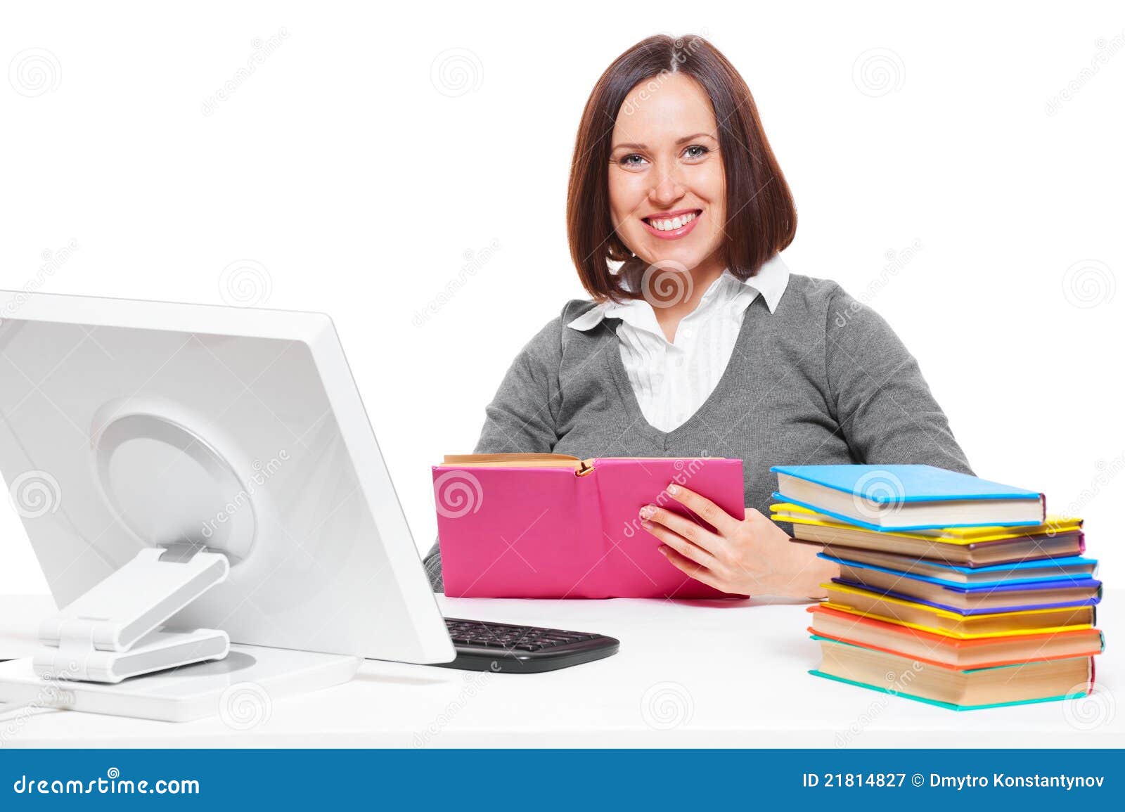 Student with Books Sitting on Workplace Stock Image - Image of looking ...