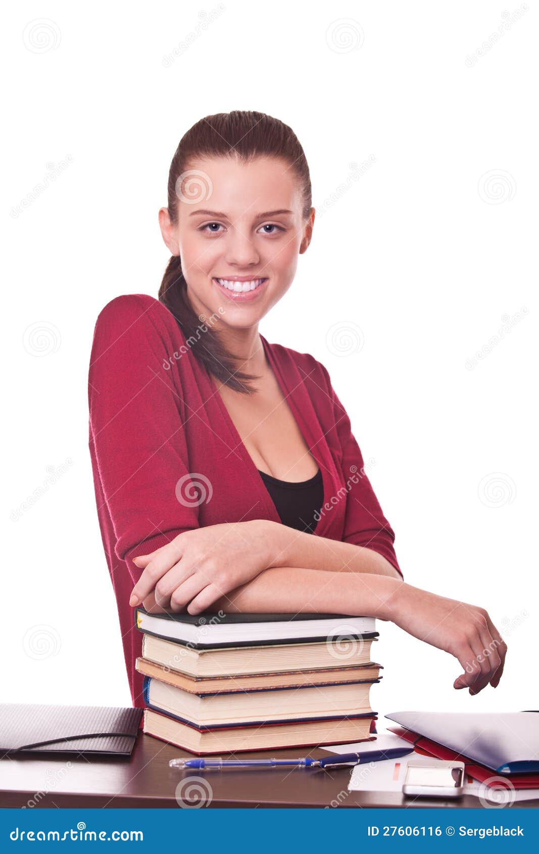 Student with Books on Table Stock Photo - Image of school, female: 27606116