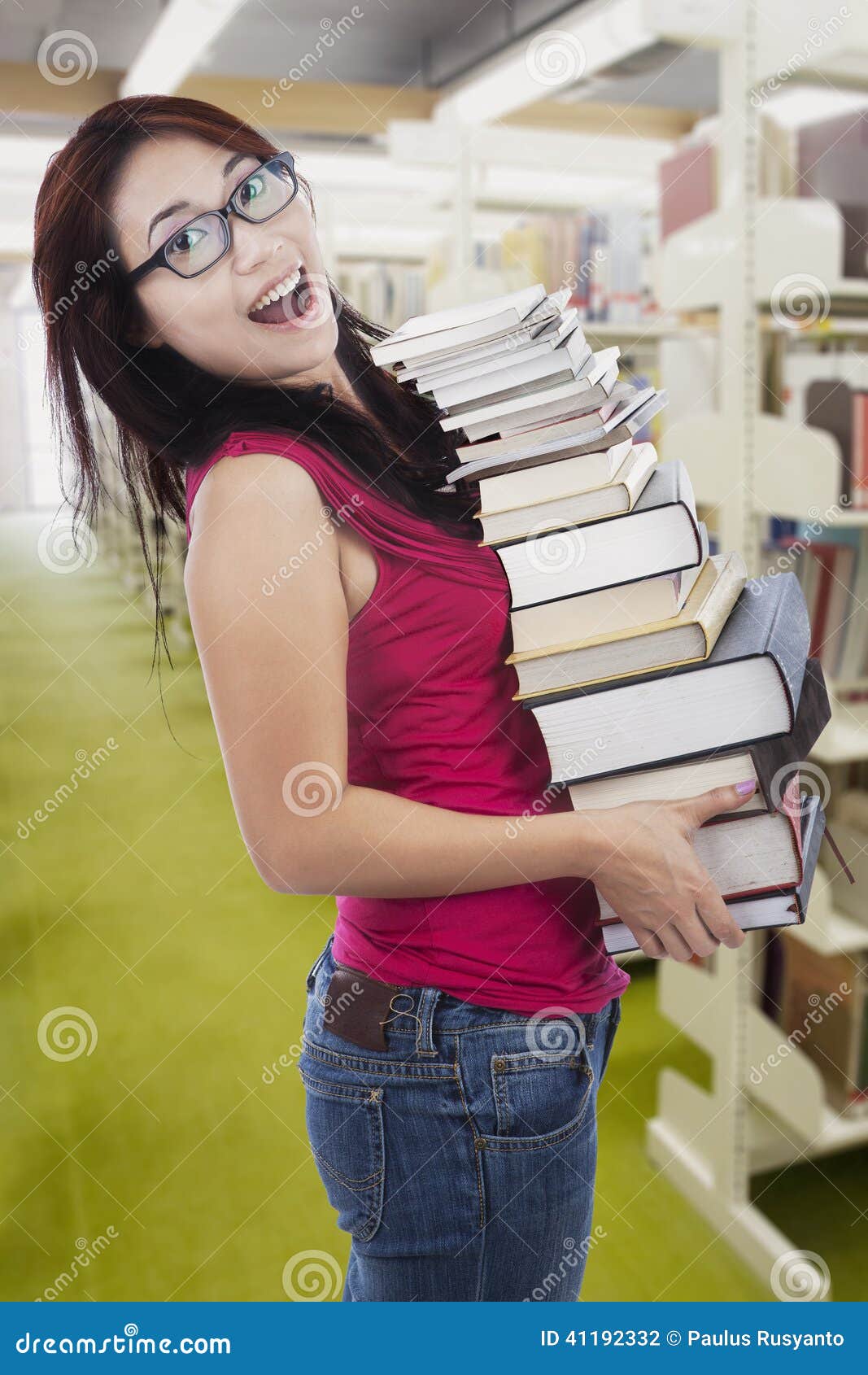 Student Borrow Many Books in Library Stock Photo - Image of material ...
