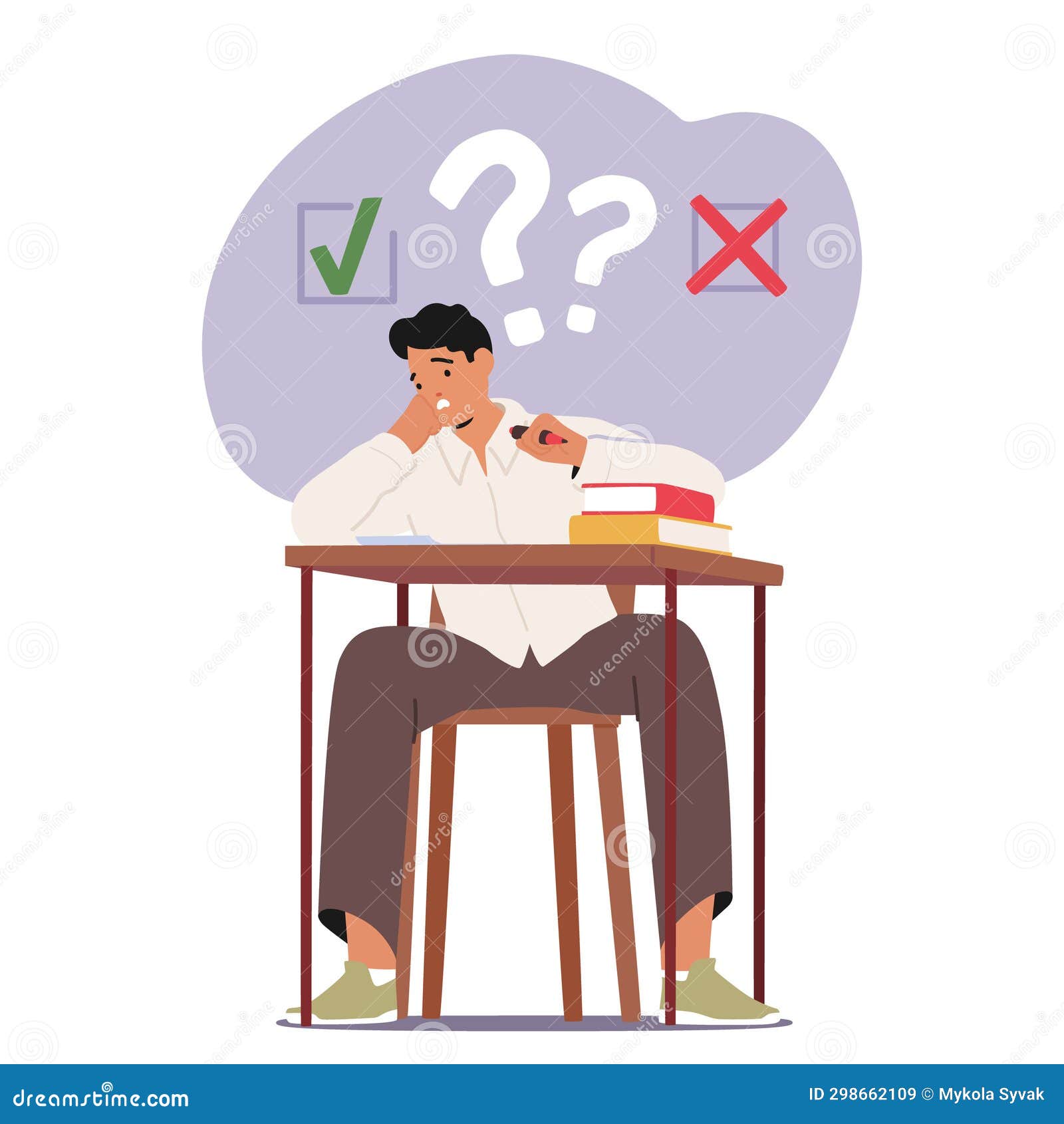 Student Boy Character Sits Nervously at a Desk, Surrounded by Textbooks ...