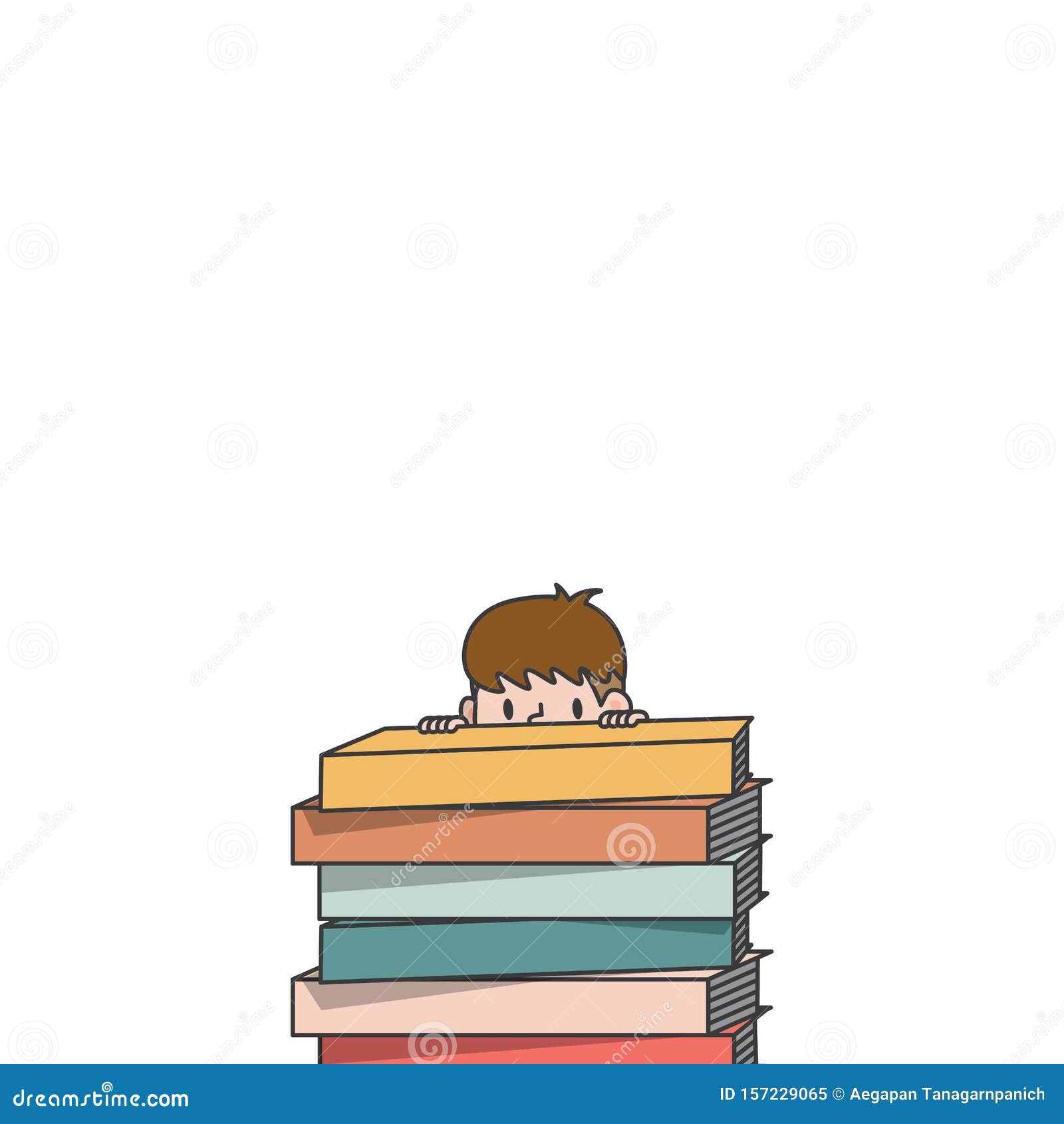 The Student Boy is Climbing and Hidden Behind the Stack Book ...