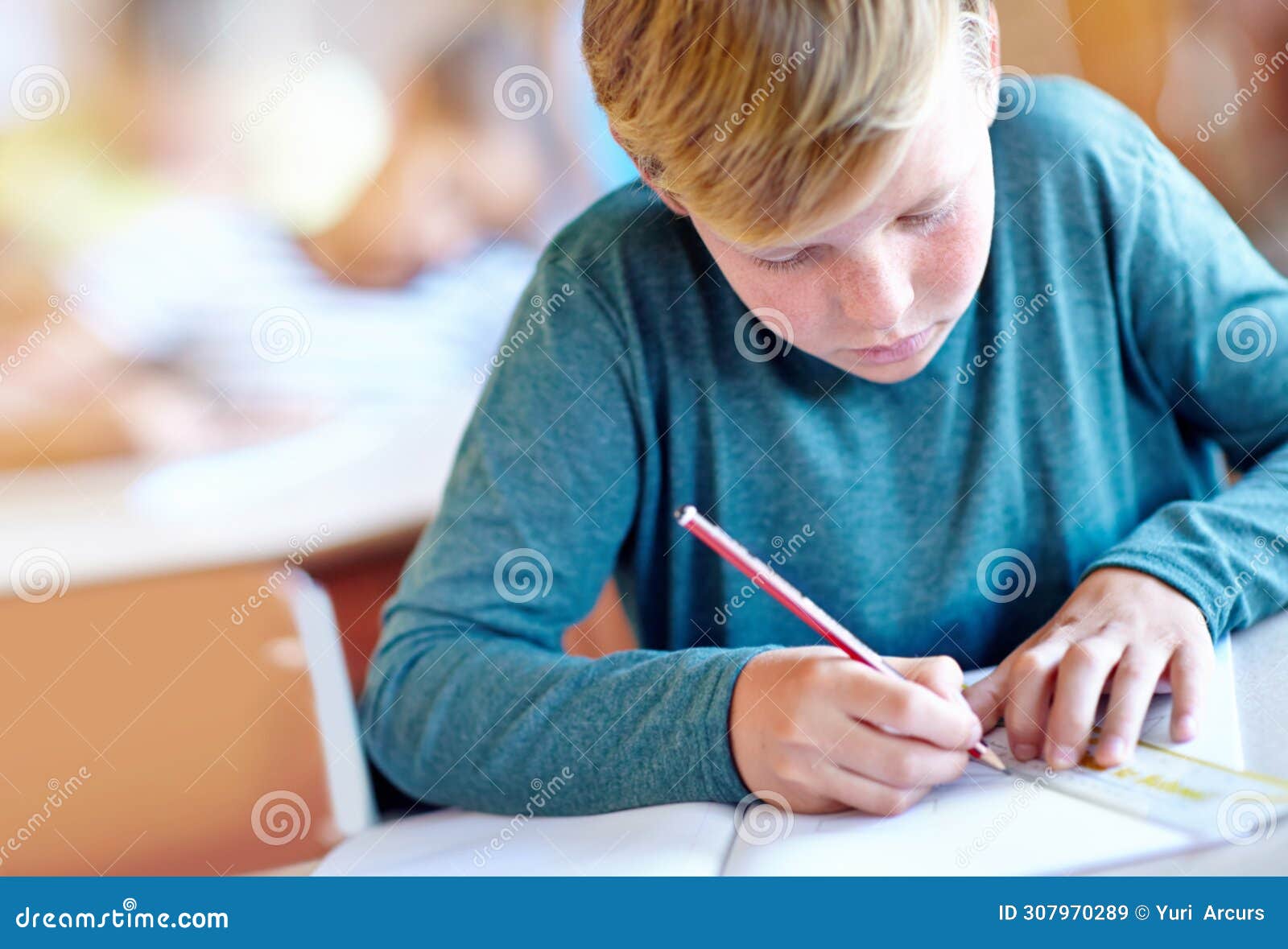 Student, Boy and Drawing for Learning in Classroom, Book and Problem ...