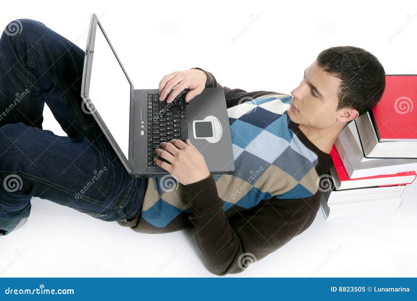 Student Boy Lying on Floor, Books and Computer Stock Image - Image of ...