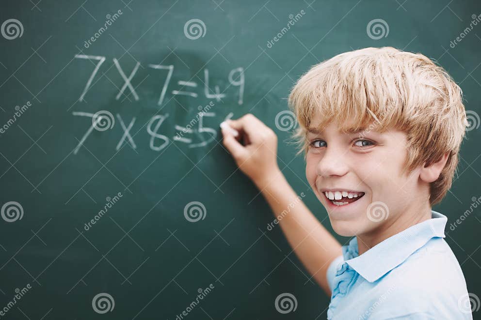 Student, Boy and Portrait at Chalkboard in Classroom with Problem ...