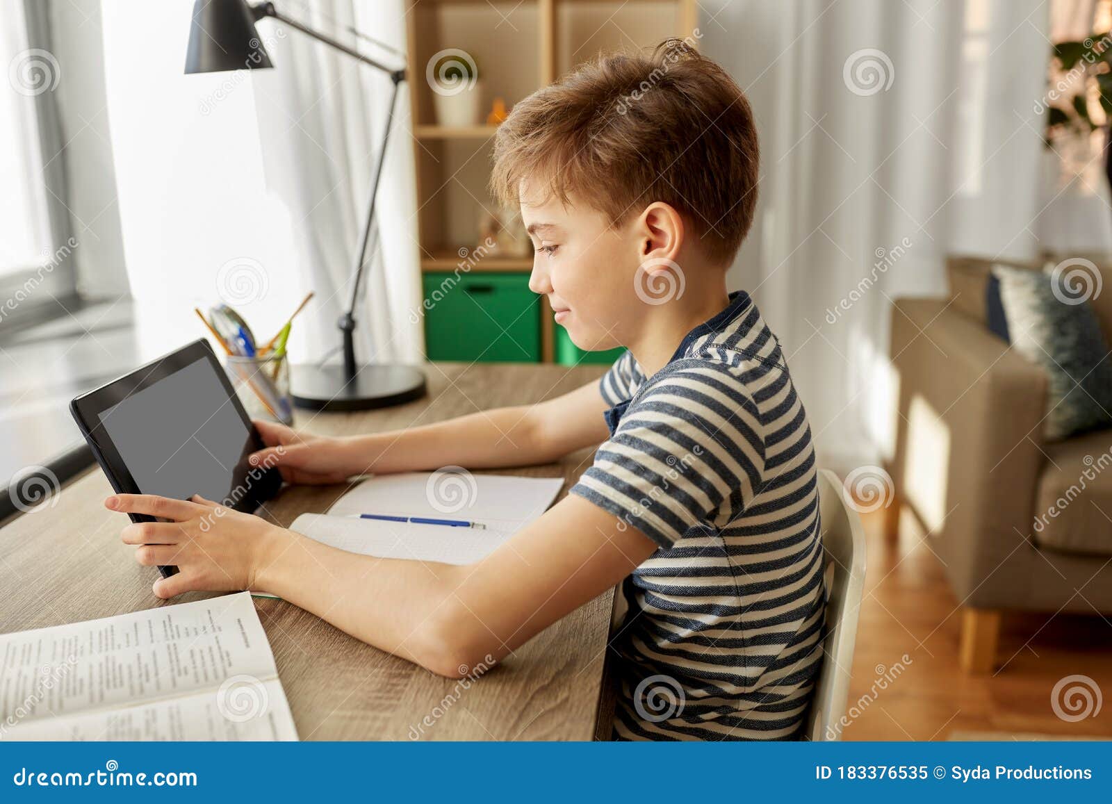 Student Boy with Tablet Computer Learning at Home Stock Image - Image ...