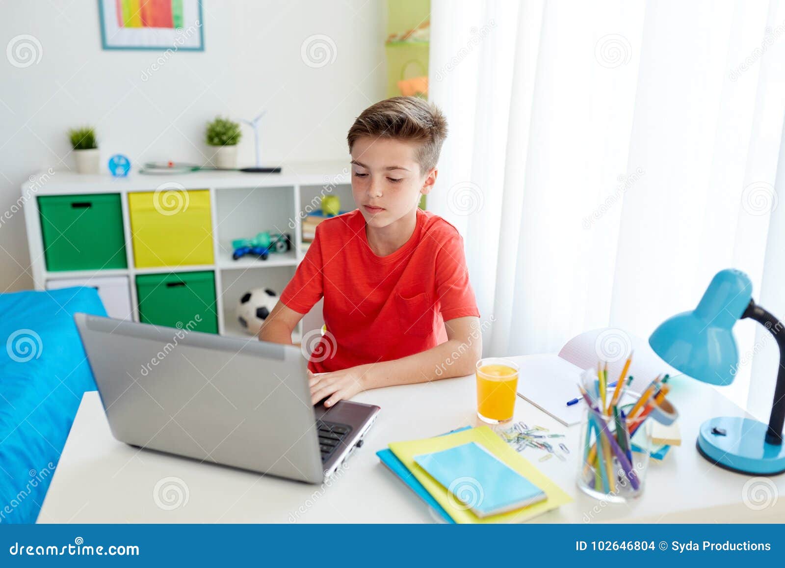 Student Boy Typing on Laptop Computer at Home Stock Photo - Image of ...