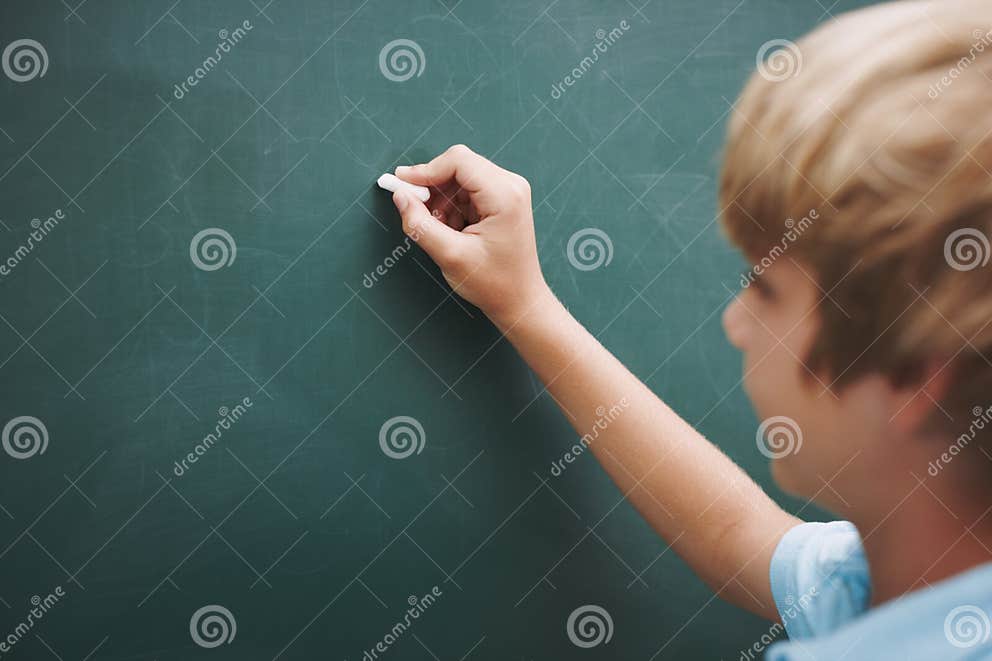 Student, Boy and Writing on Chalkboard in Classroom with Problem ...