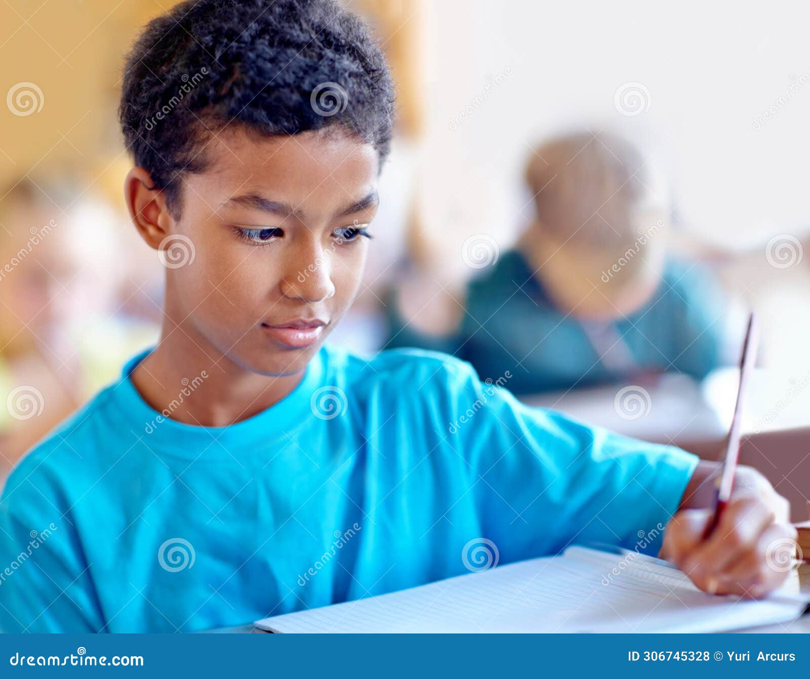 Student, Boy and Writing Notes for Knowledge in Classroom, Book and ...