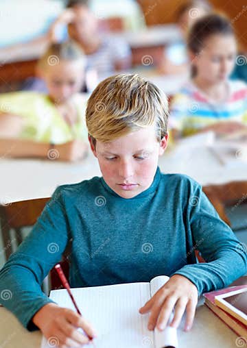 Student, Boy and Writing Notes for Learning in Classroom, Book and ...