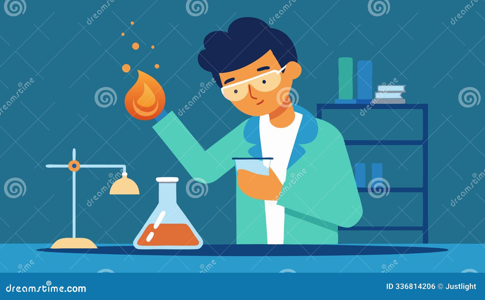 A Student Carefully Pouring A Liquid Into A Flask With A Bunsen Burner ...
