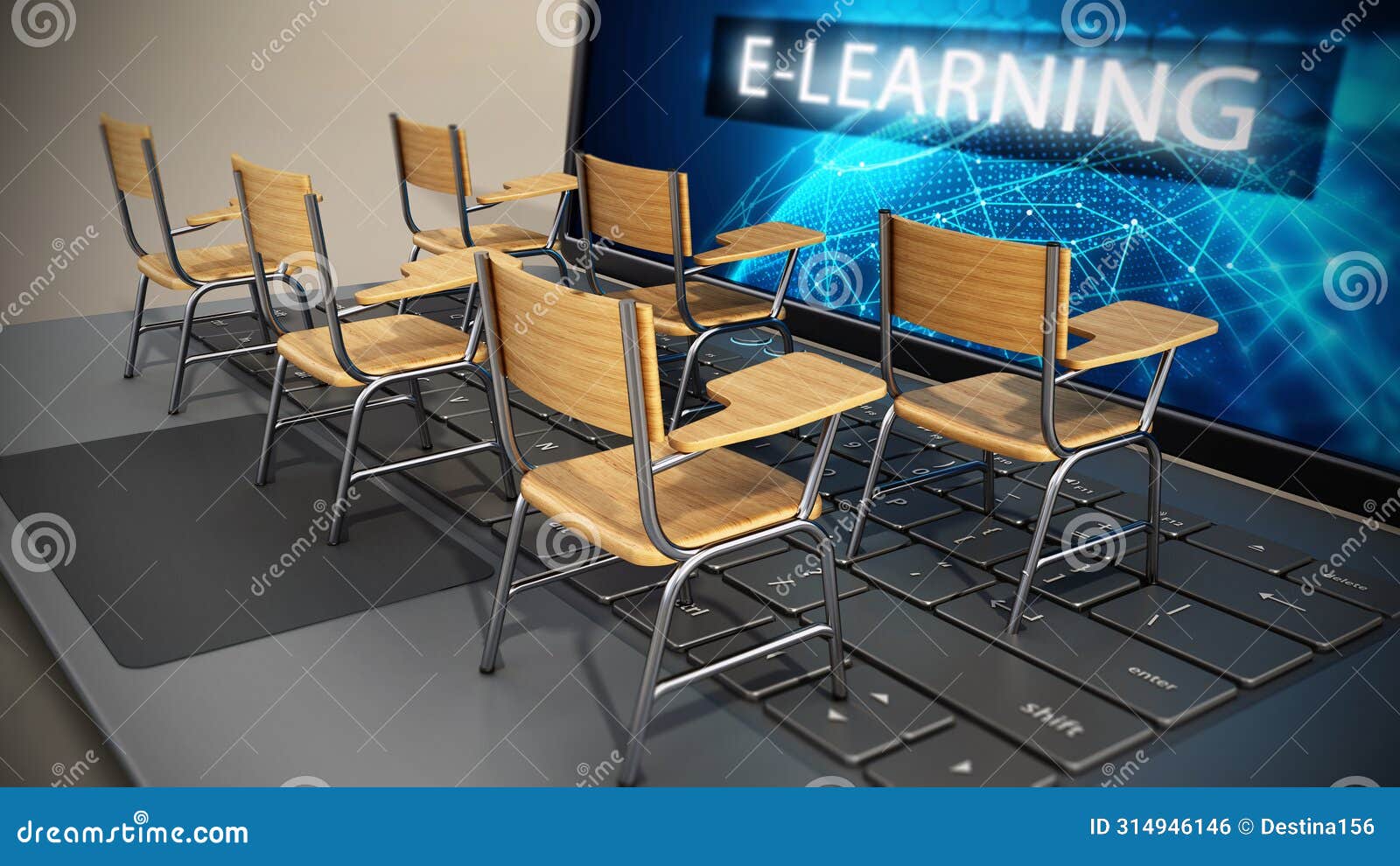 Student Chairs Standing on Laptop Computer. 3D Illustration Stock ...