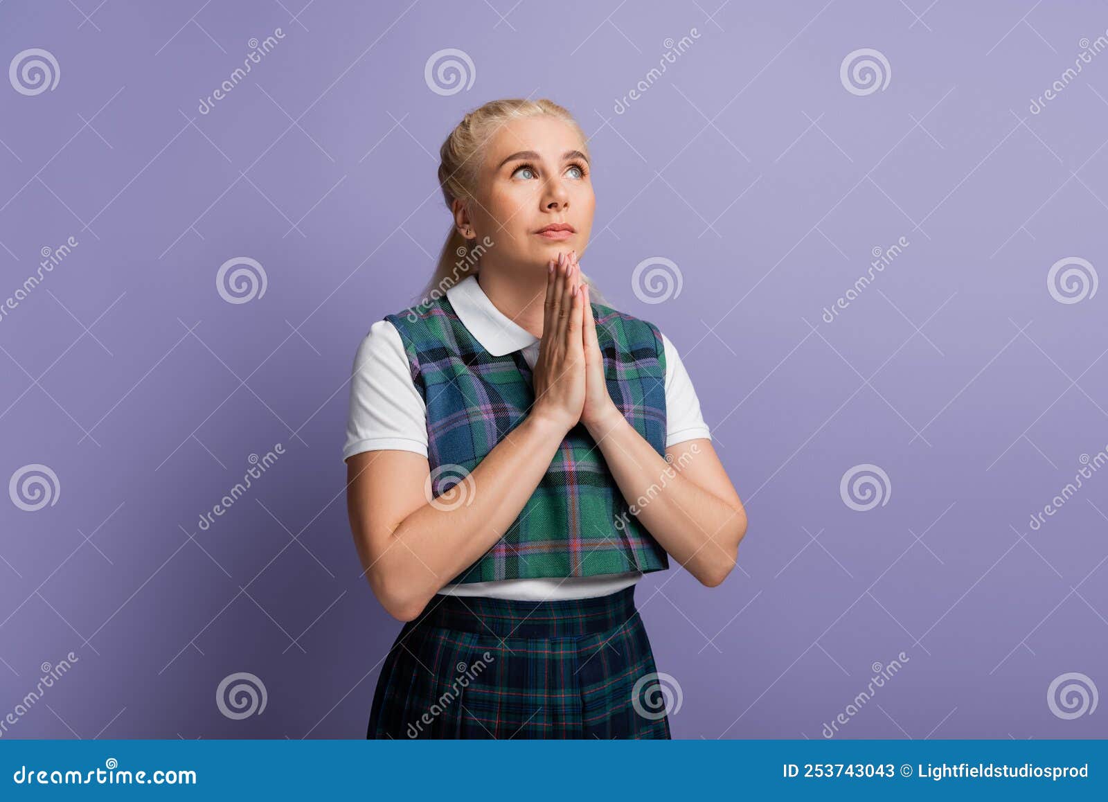 Student in Checkered Uniform Doing Praying Stock Image - Image of ...