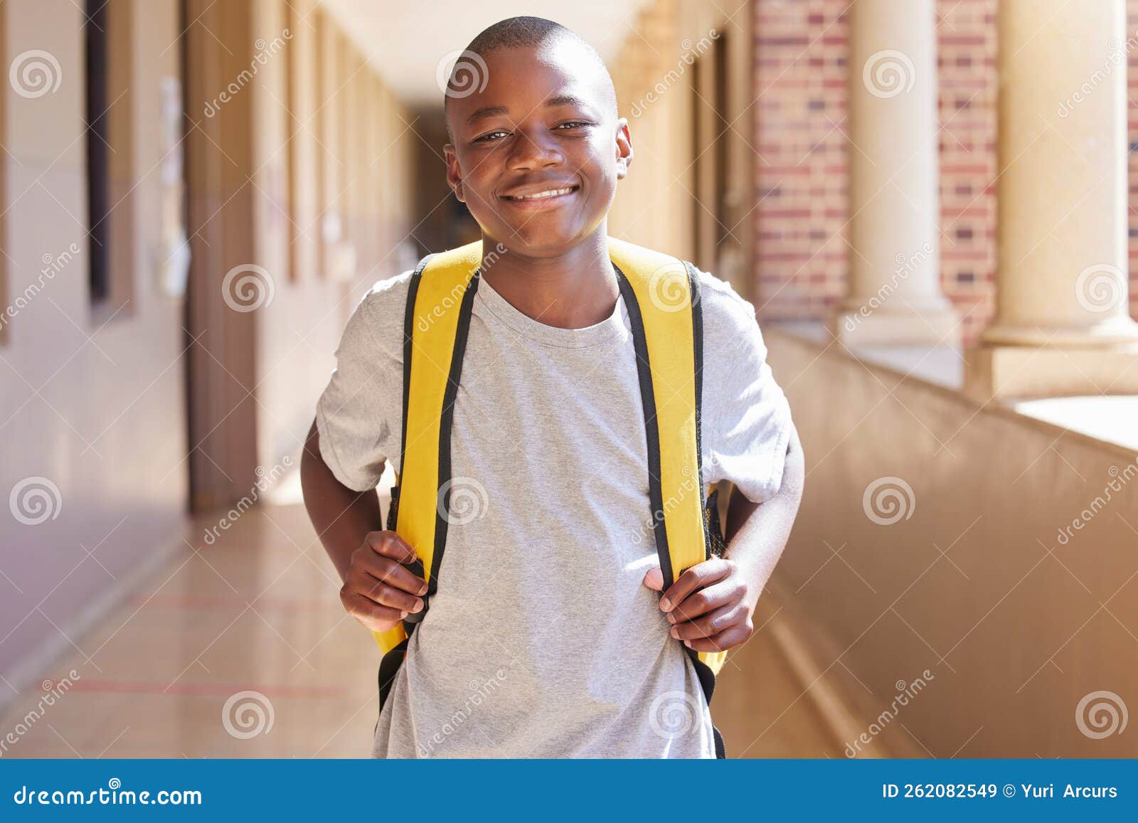 Student, Child and Backpack Standing in School Campus Lobby for Study ...