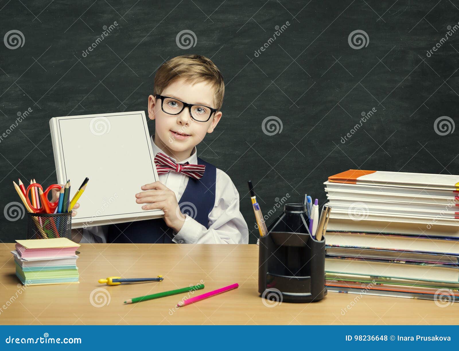 Student Child Holding Book Cover, School Kid Boy in Classroom Stock ...