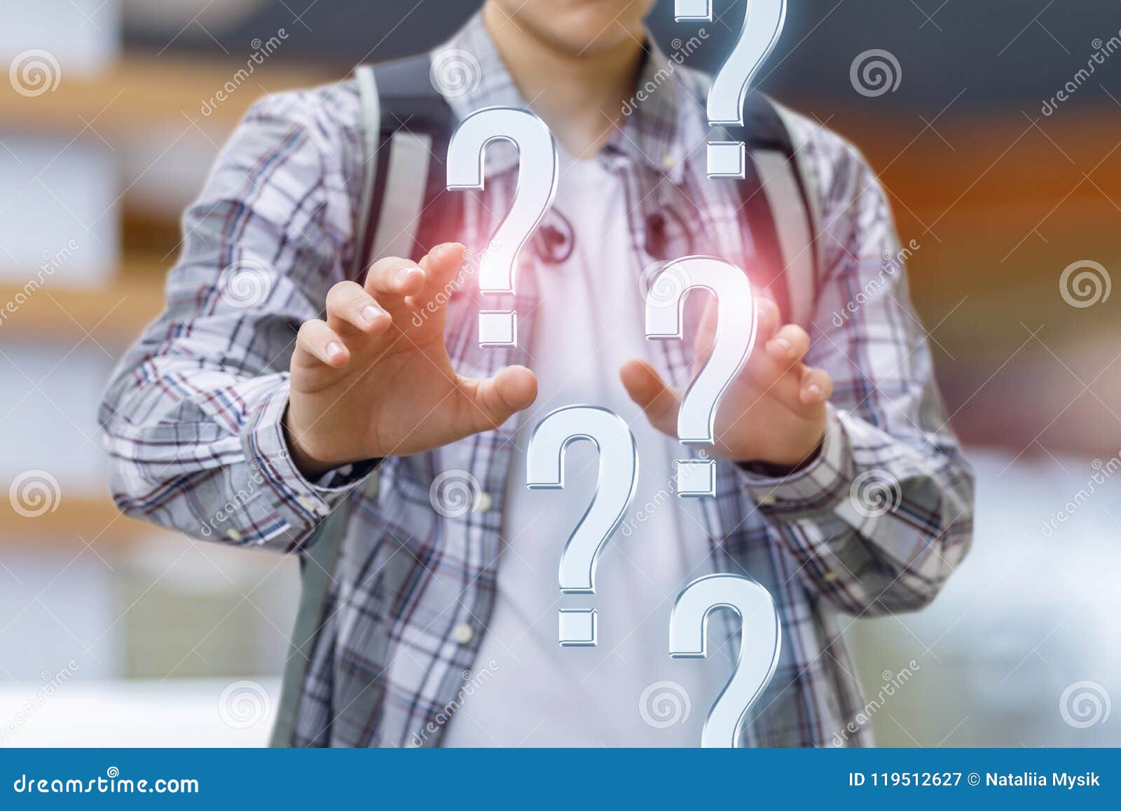 Student Clicks on the Question Marks. Stock Image - Image of issue ...