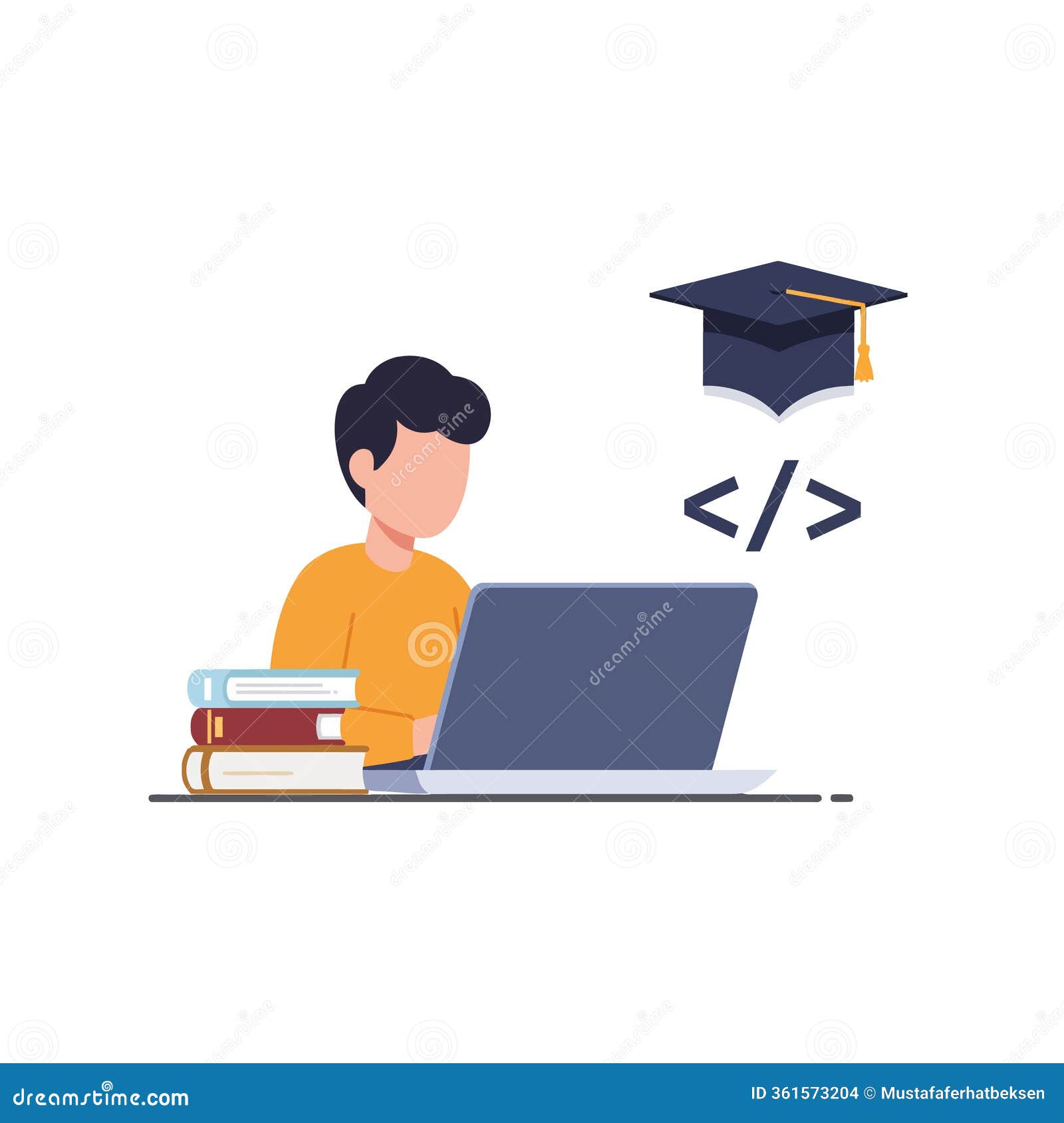 Student Coding on Laptop with Books and Graduation Cap Above Screen ...