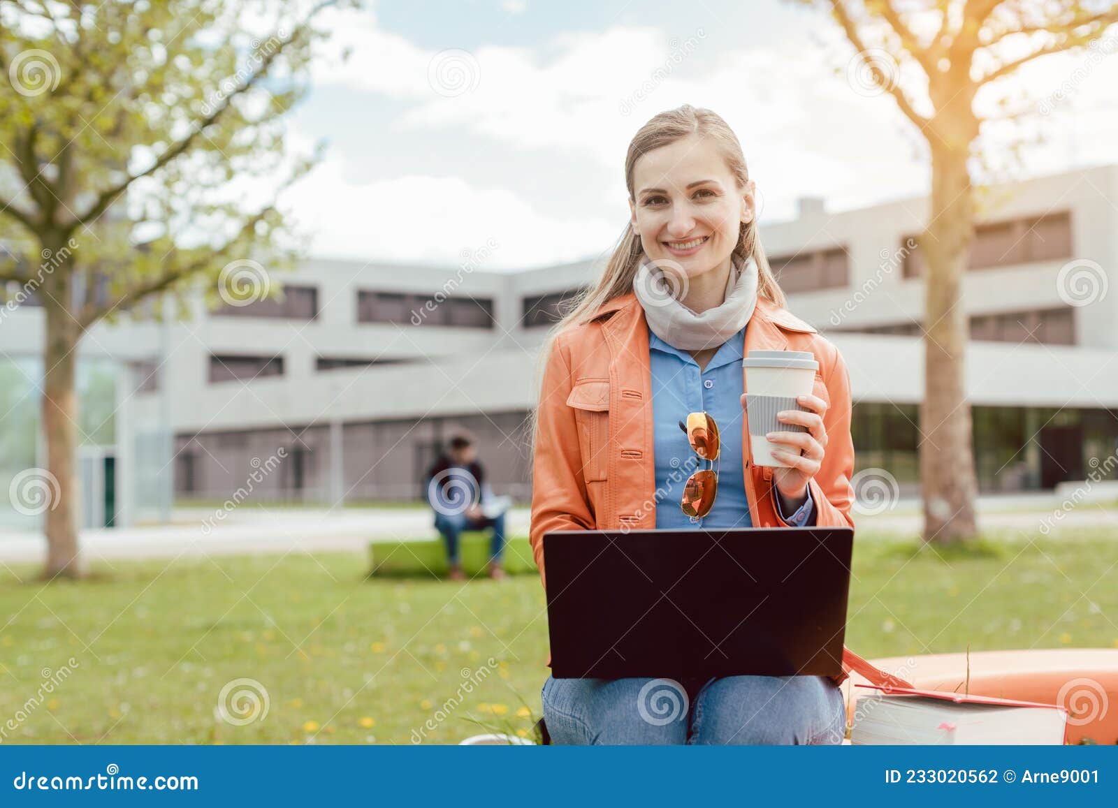 Student with Coffee and Laptop in Front of University Building Stock ...