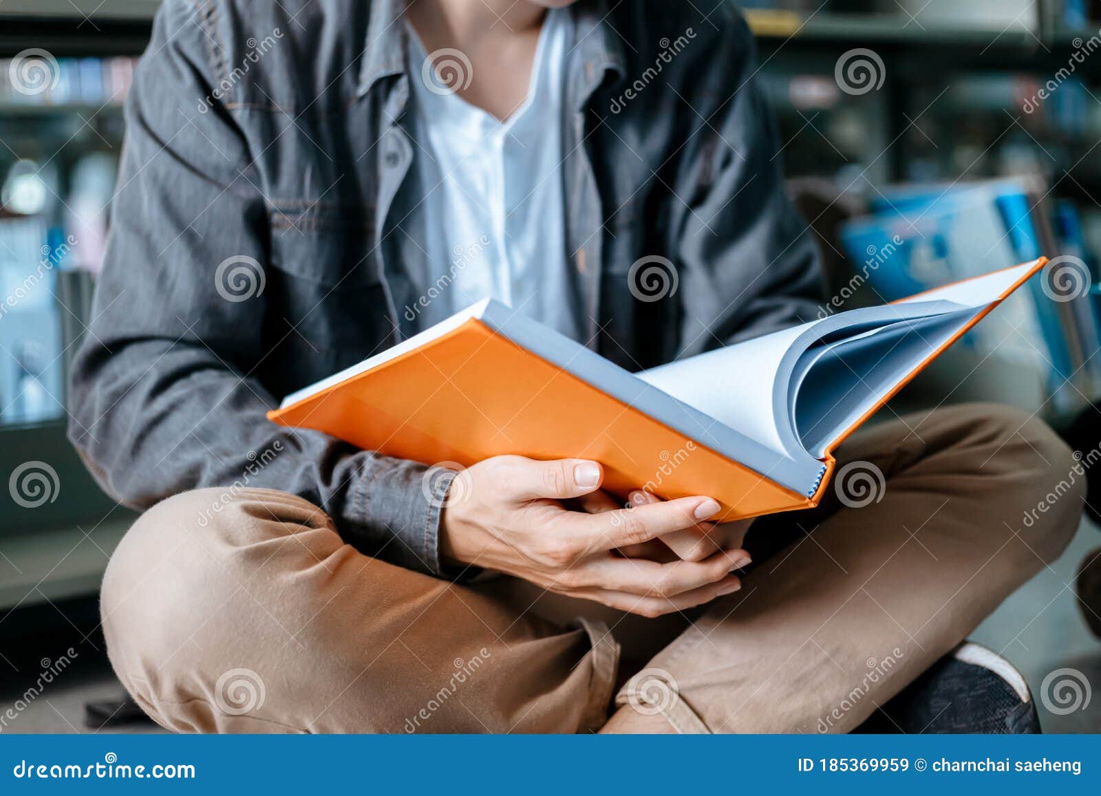 Student College Opening and Reading a Book at Library Stock Image ...