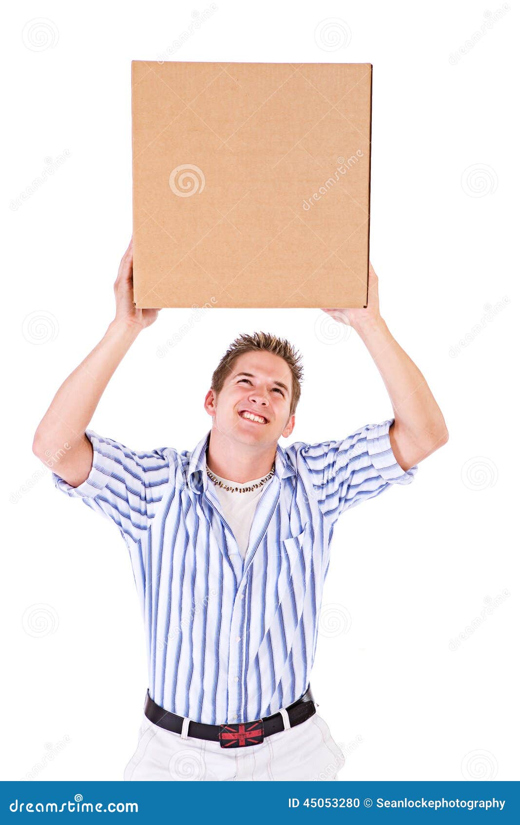 Student: College Student Holds Packing Box Over Head Stock Photo ...