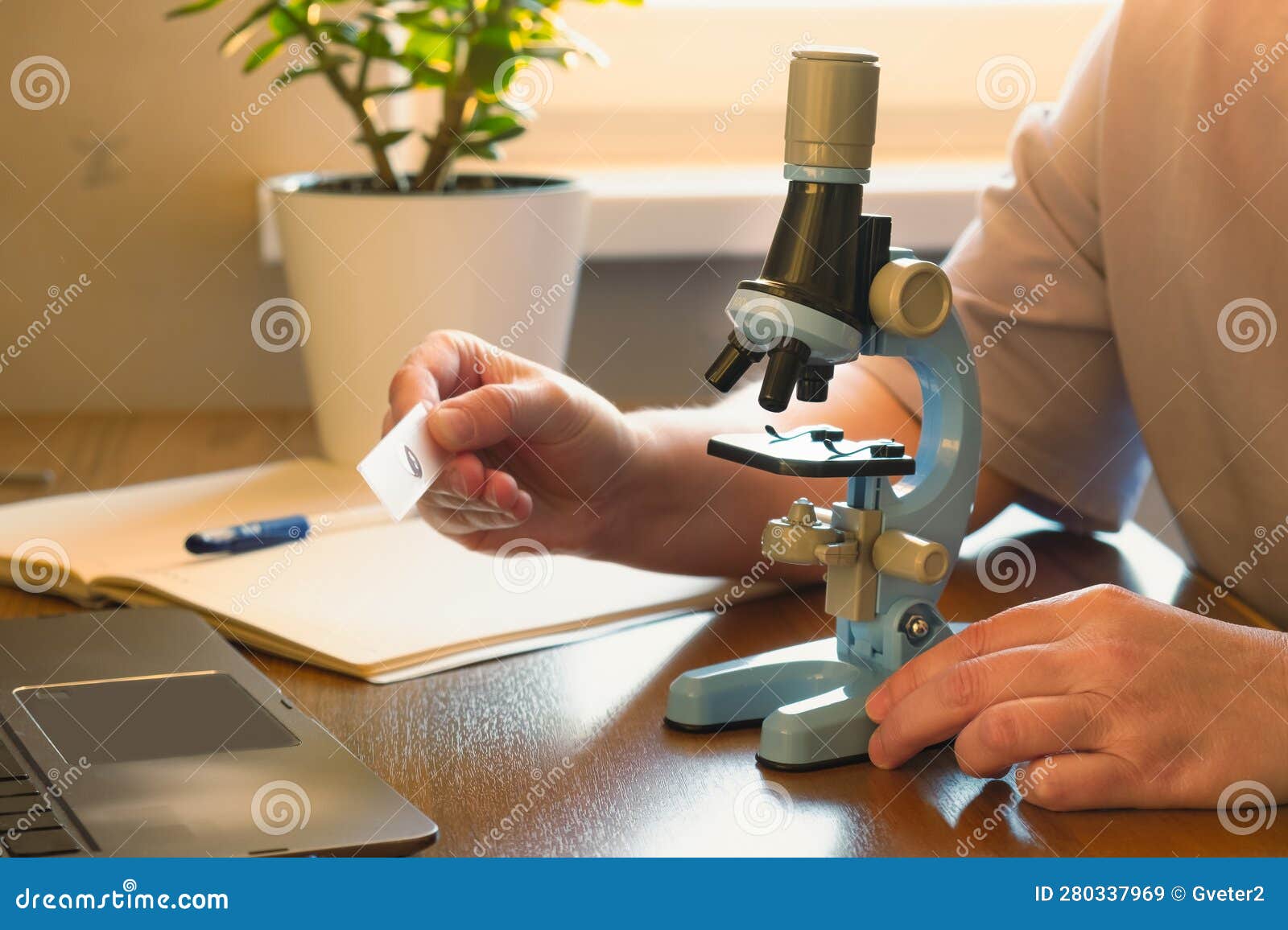 Student Conducts Research Using a Microscope. Doing Homework, Online ...