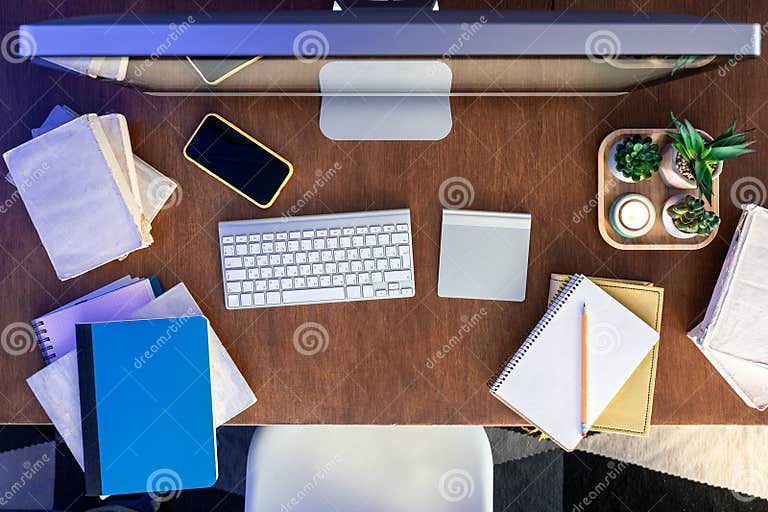 Student Desk with Computer, Books and Notepads on a Wooden Table. Stock ...
