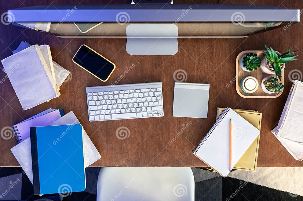 Student Desk with Computer, Books and Notepads on a Wooden Table. Stock ...