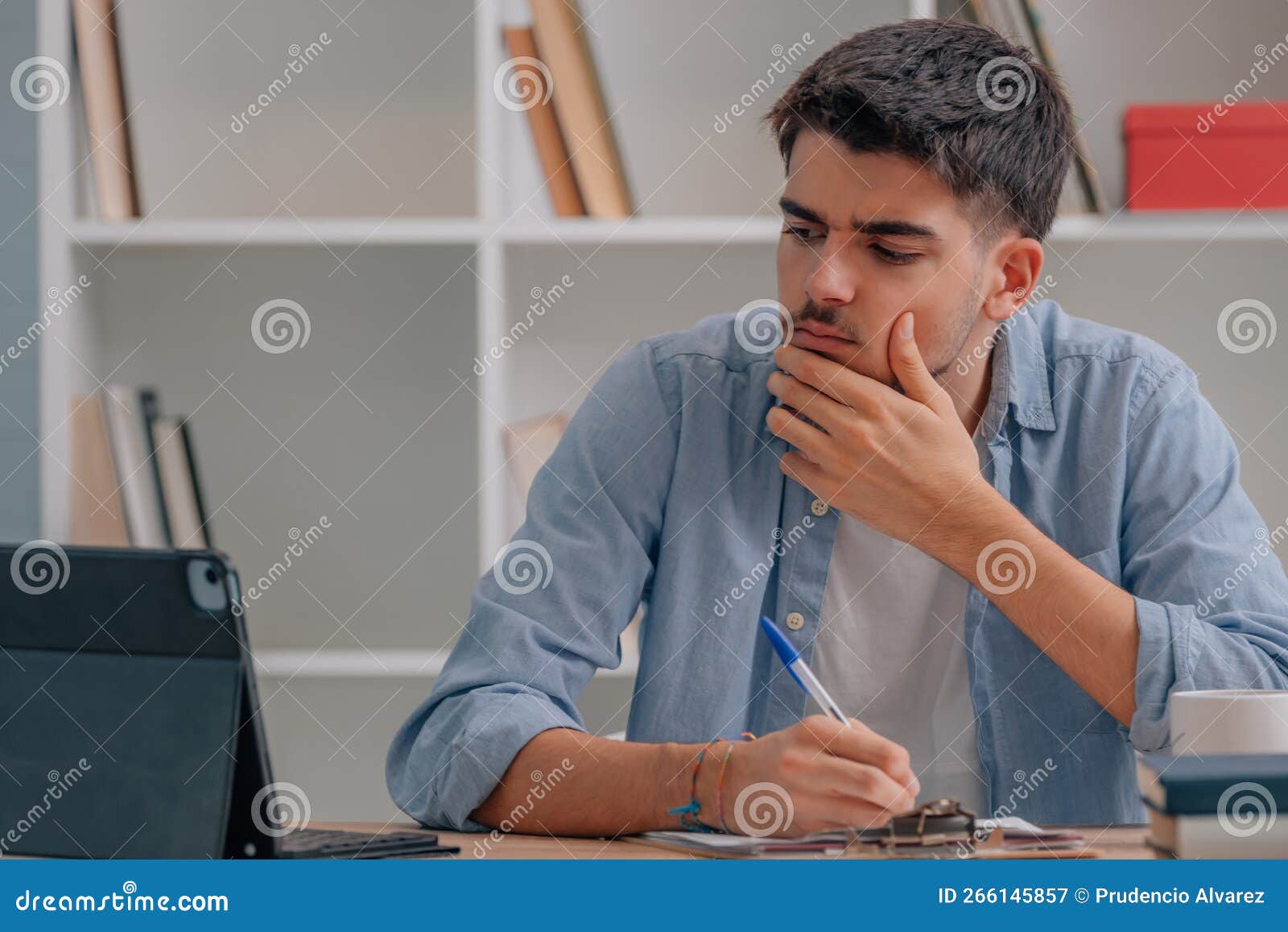 Student at Desk with Laptop Thinking with Doubt or Deciding Stock Image ...