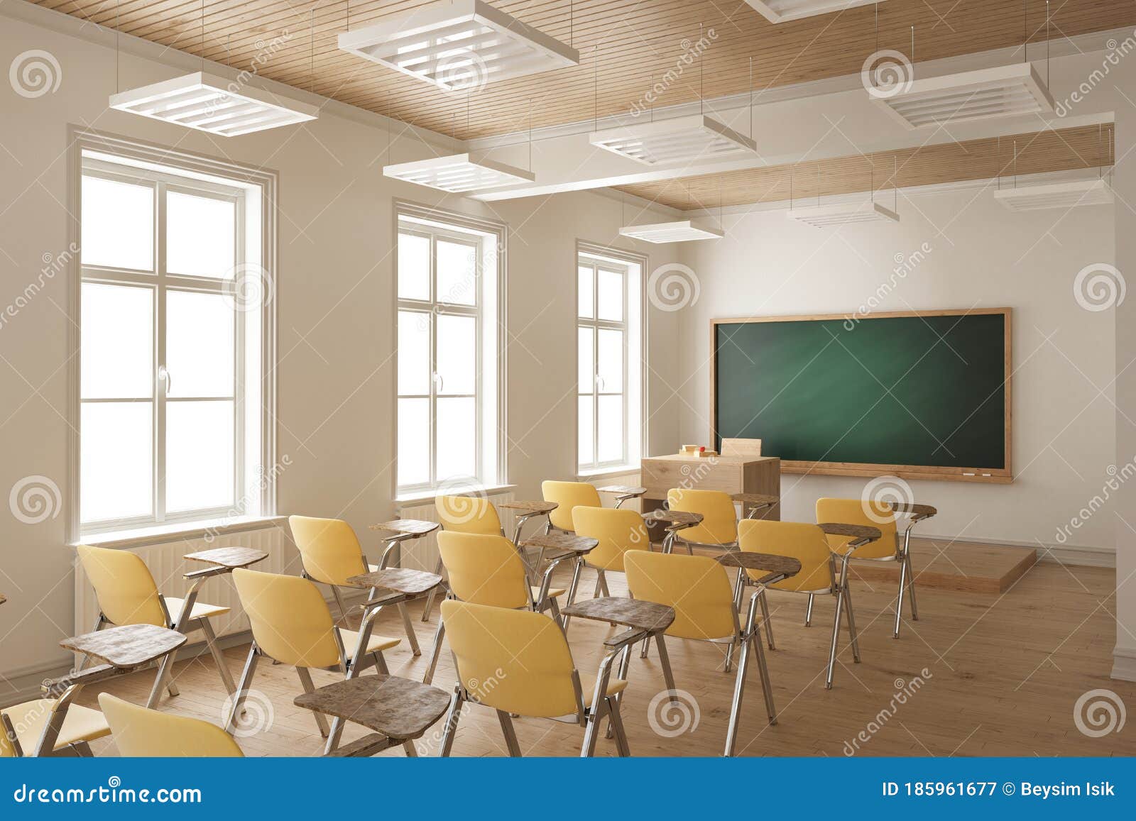 Student Desks And Chairs Arranged In A Row In The Classroom Stock Image ...