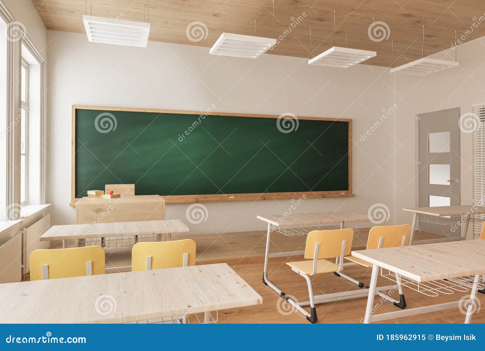 Student Desks and Chairs Arranged in a Row in the Classroom Stock ...