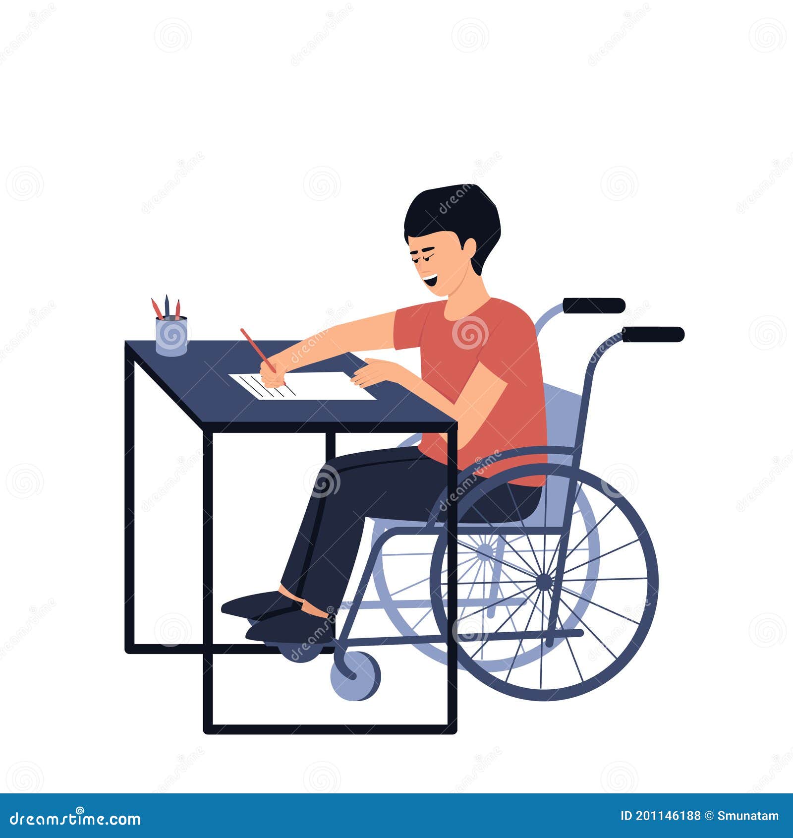 The Student with a Disability Sits at His Desk and Does His Homework ...