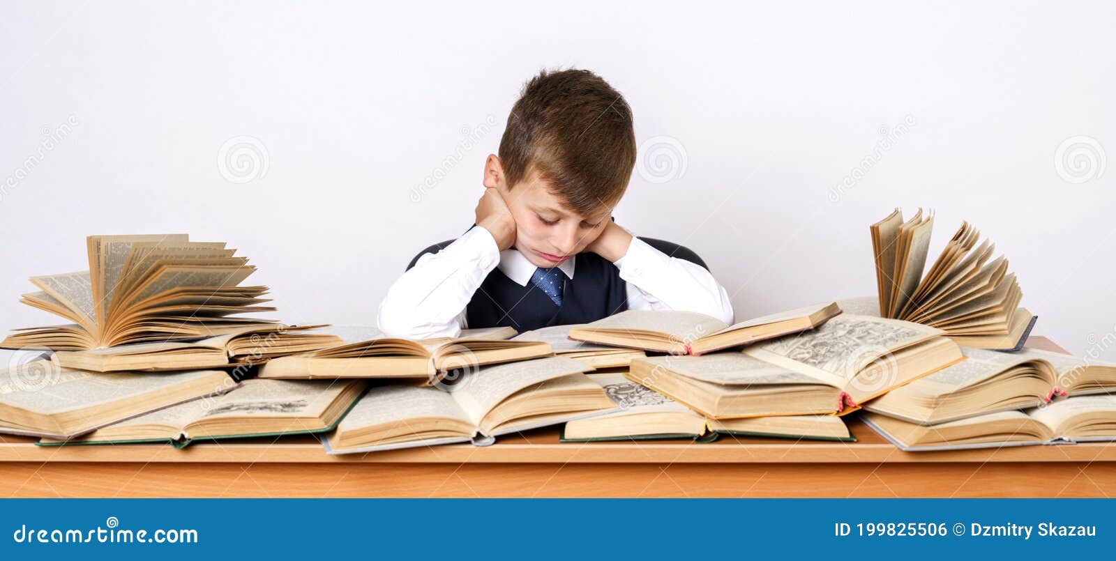 The Student Does Homework, Reads a Book. There are Many Open Books on ...