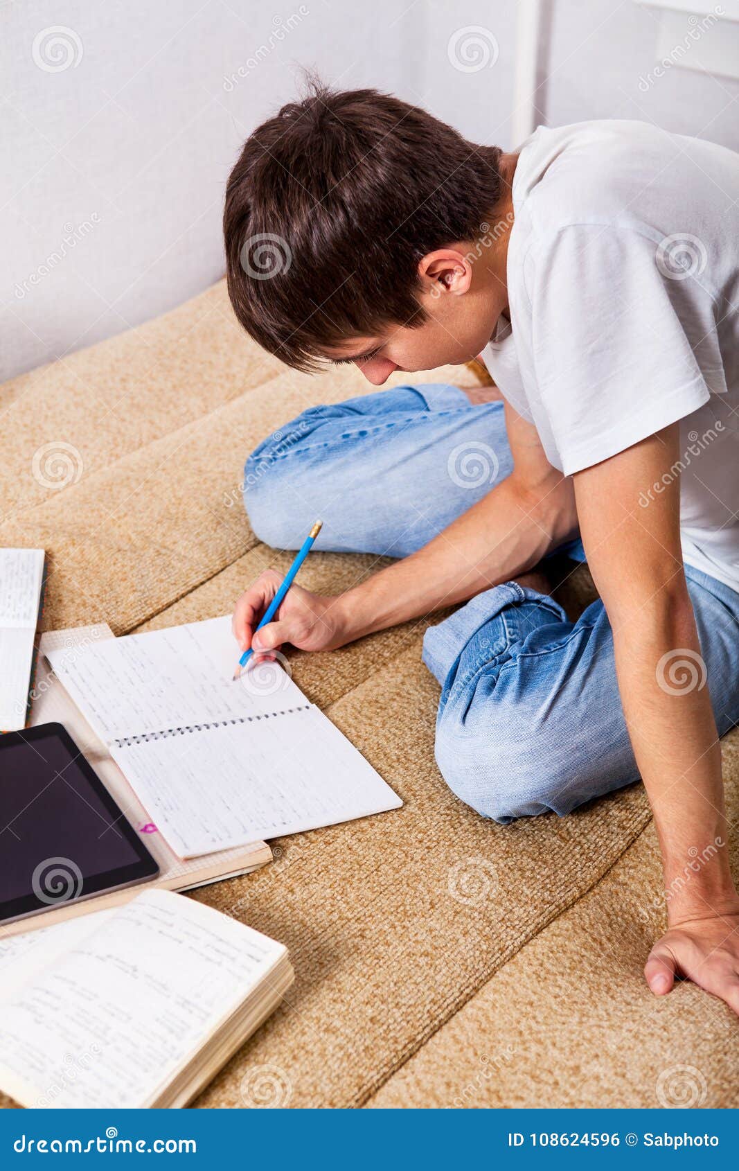 Student doing Homework stock photo. Image of room, book - 108624596