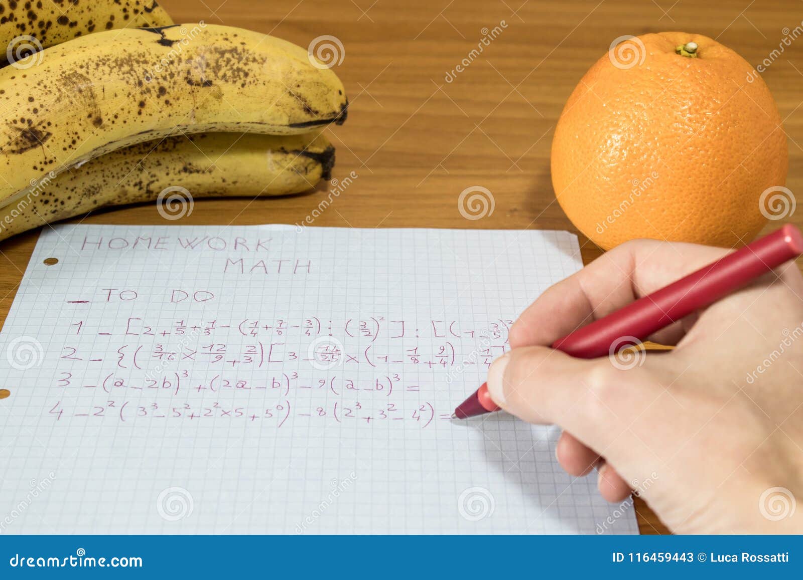Student is Doing Math Homework with Bananas and Orange Stock Image ...