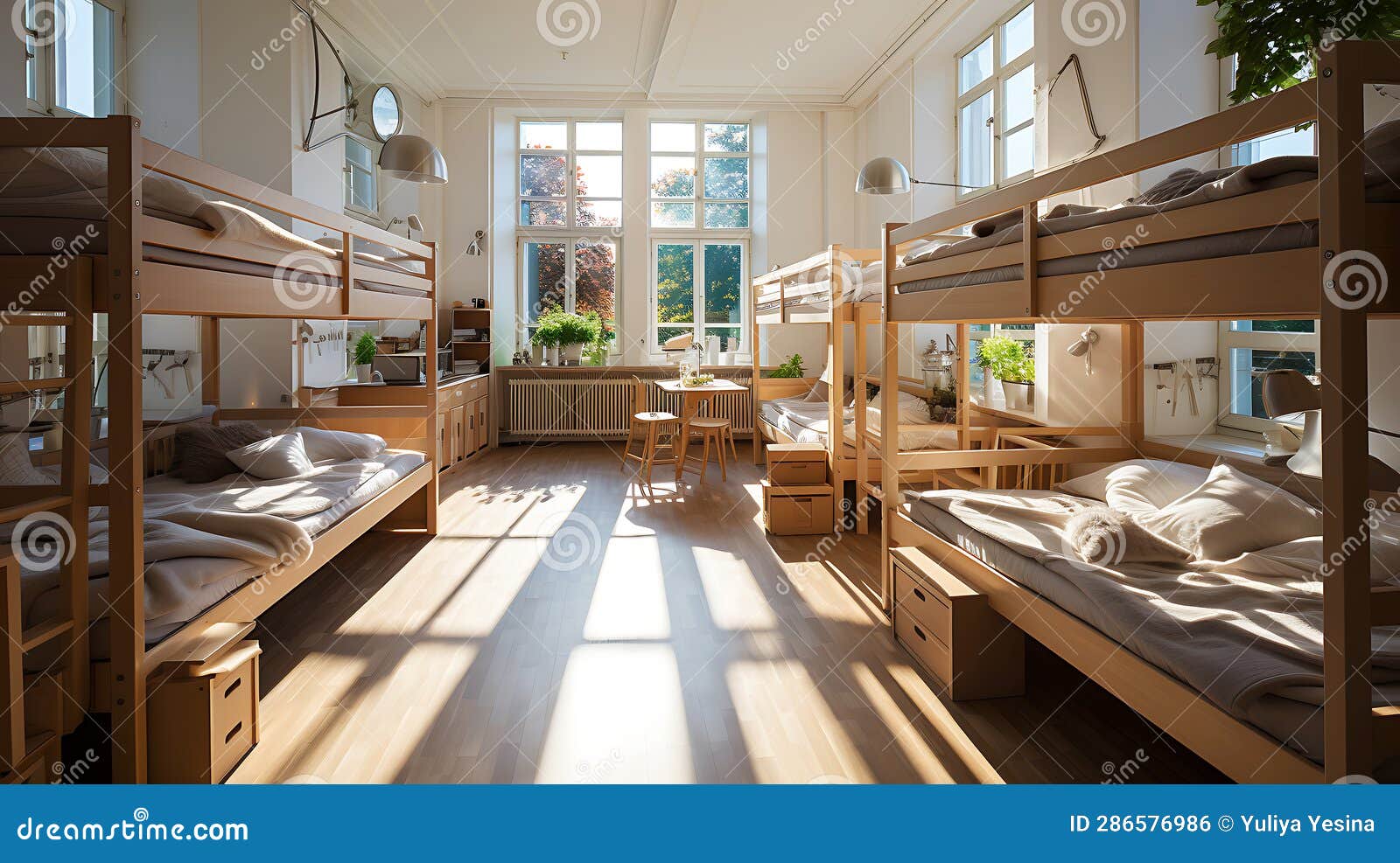 Student Dorm Room or Hostel with Bunk Beds and Large Windows Stock ...
