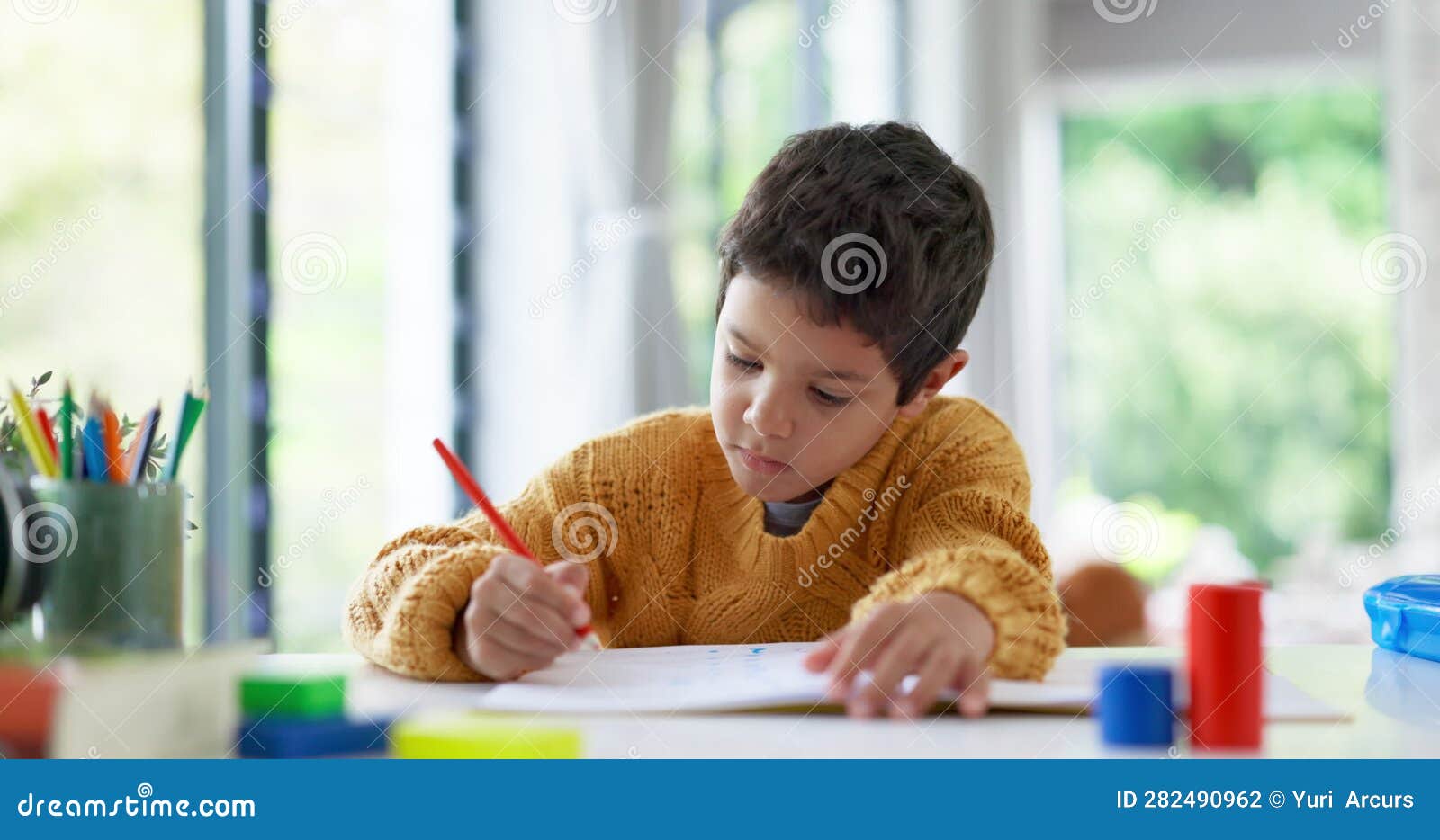 Student, Drawing or Boy Writing Homework on Notebook in Kindergarten ...