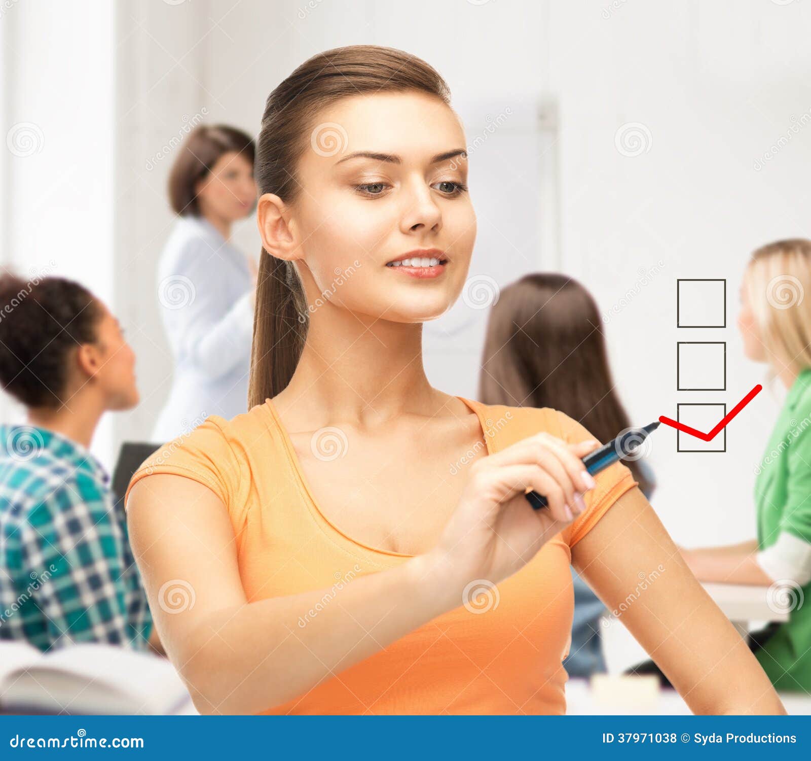 Student Drawing Checkmark on Virtual Screen Stock Photo - Image of ...